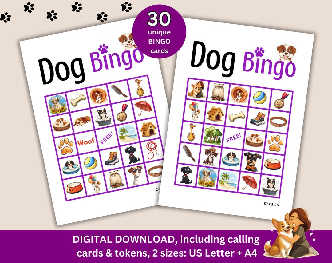 Dog Bingo, 30 Unique Dog Bingo Cards, Printable Dog Bingo, Dog Lovers ...