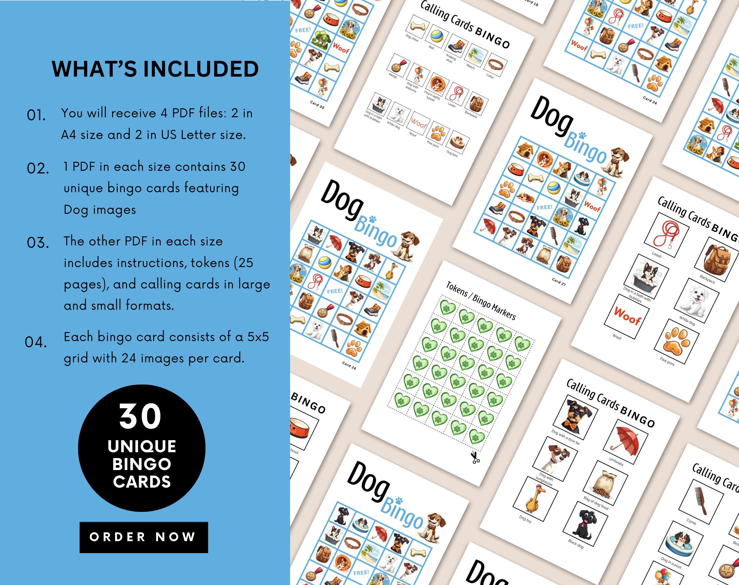 Dog Bingo, 30 Unique Bingo Cards Dog Theme, Dogs Bingo Game, Puppy ...