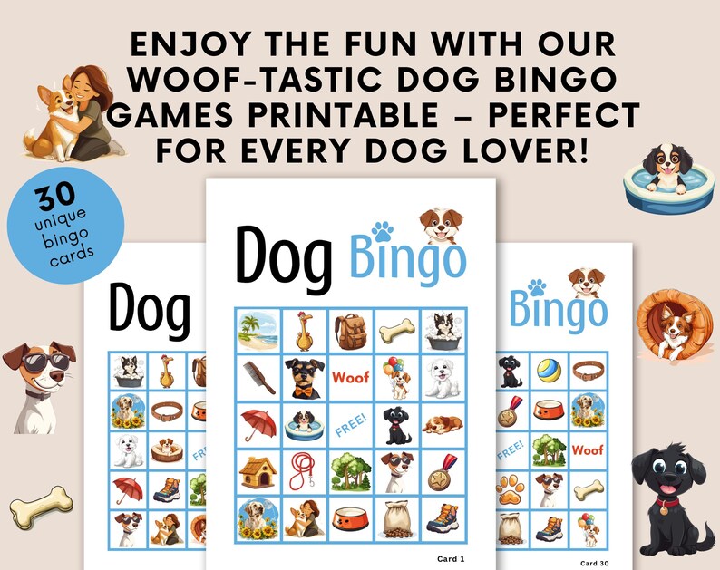 Dog Bingo, 30 Unique Bingo Cards Dog Theme, Dogs Bingo Game, Puppy ...