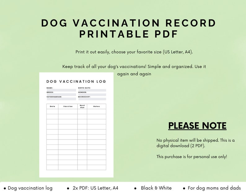 Dog Vaccination Record Printable PDF Pet Vaccination Form Puppy ...