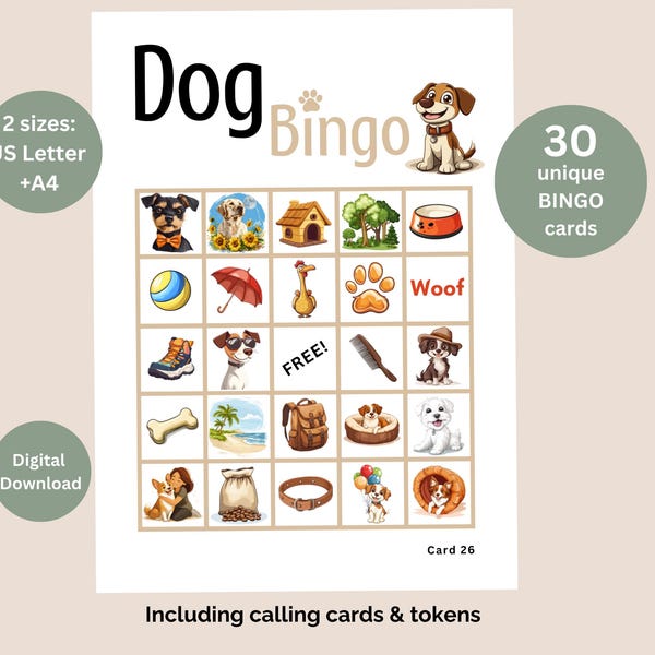 Dog Bingo, 30 Unique Bingo Cards Dog Theme, Dogs Bingo Game, Puppy ...
