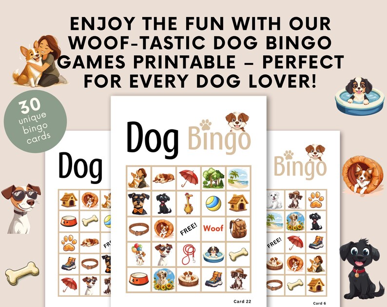Dog Bingo, 30 Unique Bingo Cards Dog Theme, Dogs Bingo Game, Puppy ...