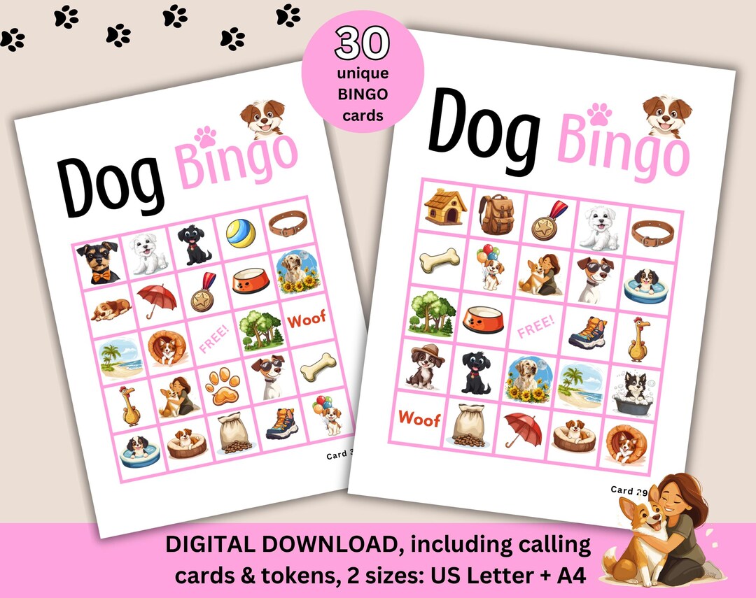 Dog Bingo, 30 Unique Bingo Cards Dog Theme, Dogs Bingo Game, Puppy ...