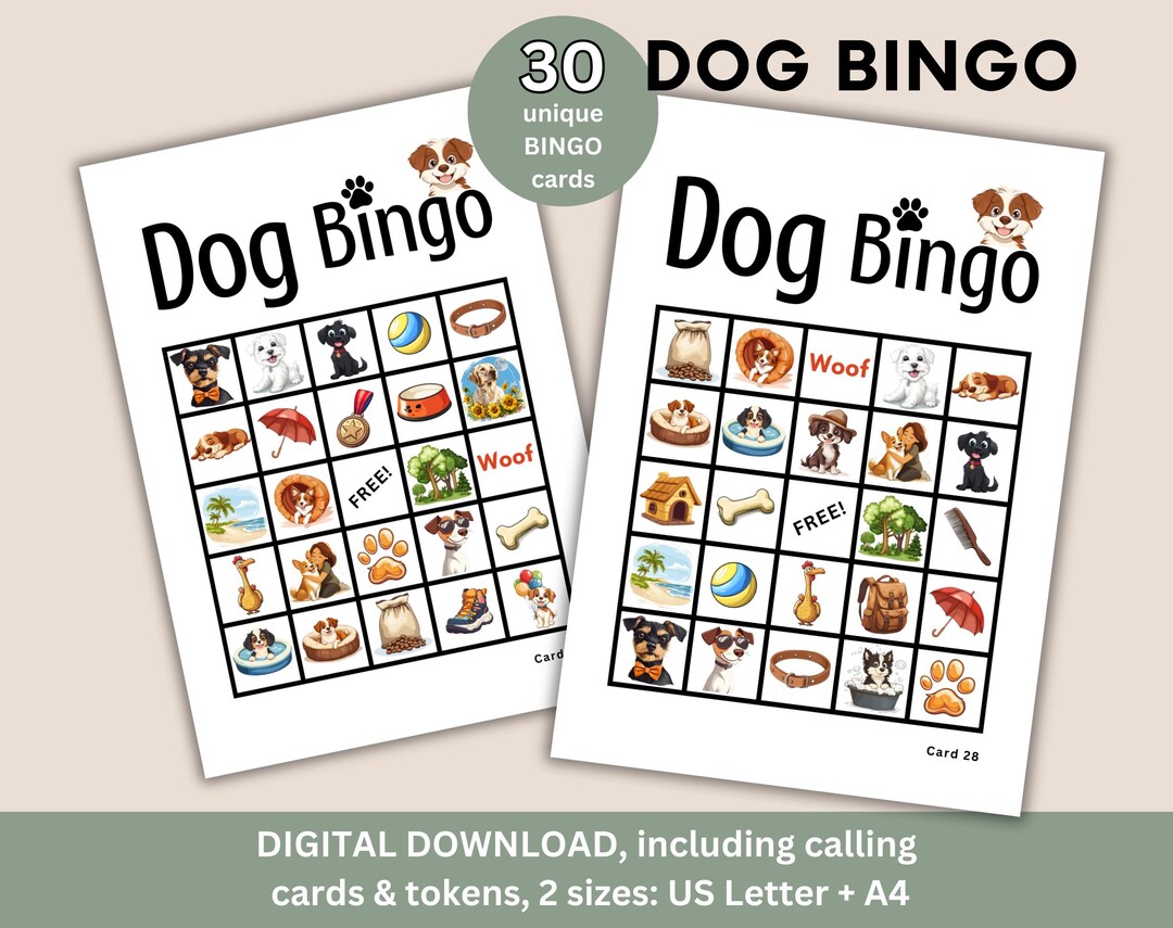 Dog Bingo, 30 Unique Bingo Cards Dog Theme, Dogs Bingo Game, Puppy ...