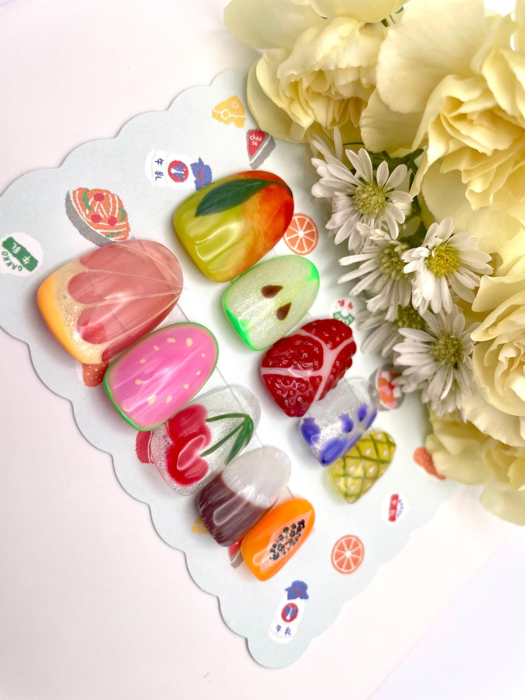 Fruit Salad Press on Nails Luxury Nails Handmade Set Custom 3D Nail Art ...