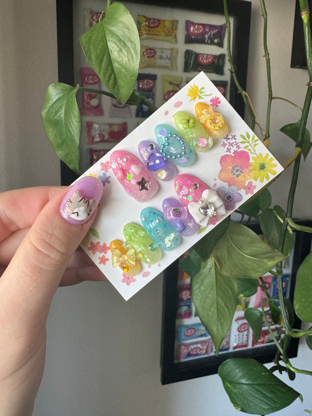 Rainbow Deco Press on Nails Luxury Nails Handmade Set Custom 3D Nail ...