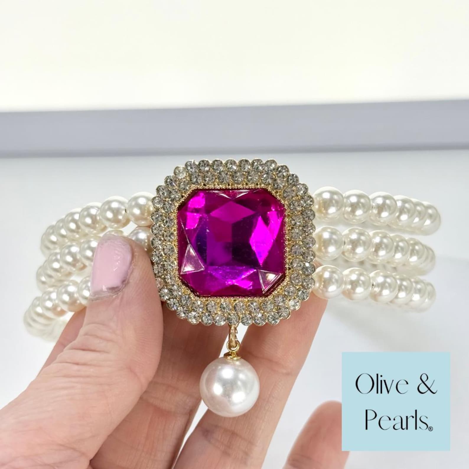 Jeweled Pearl Dog Collar, Hot Pink Crystal Pendant - Etsy 日本