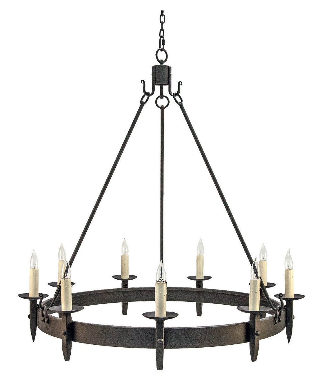 9 Light Tuscan Finial Chandelier, Handcrafted, Wrought Iron, Artisan ...