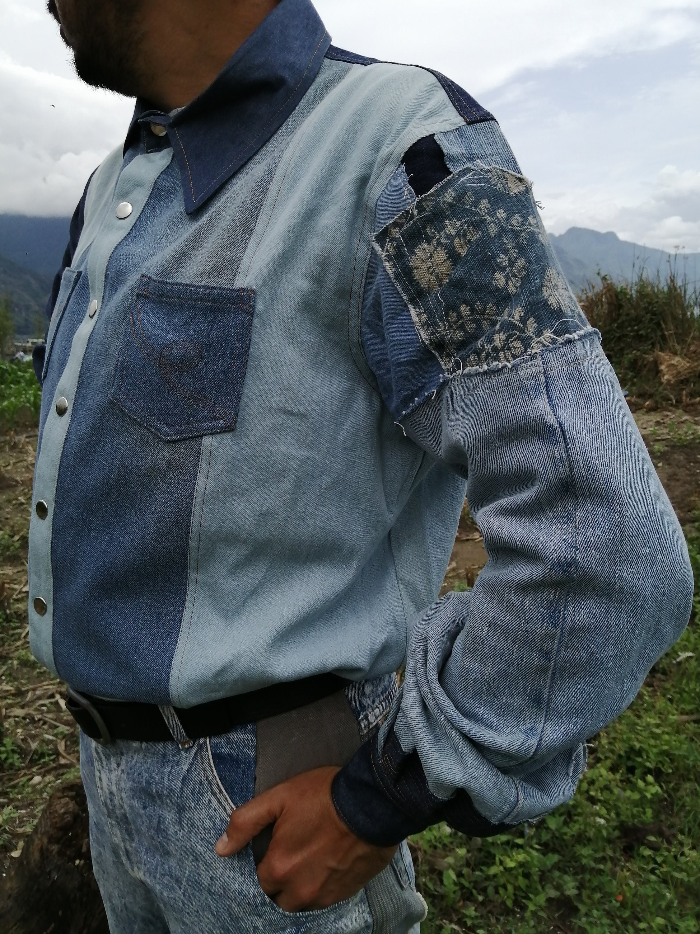Rugged Denim Shirt Men Outfit Blue Jean Shirt Patchwork Reworked ...
