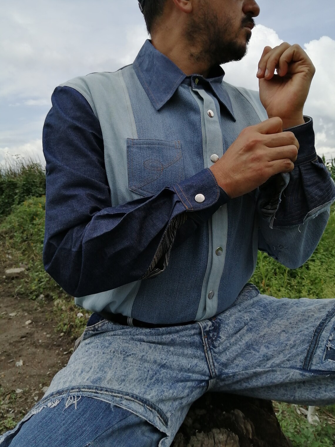 Rugged Denim Shirt Men Outfit Blue Jean Shirt Patchwork Reworked ...