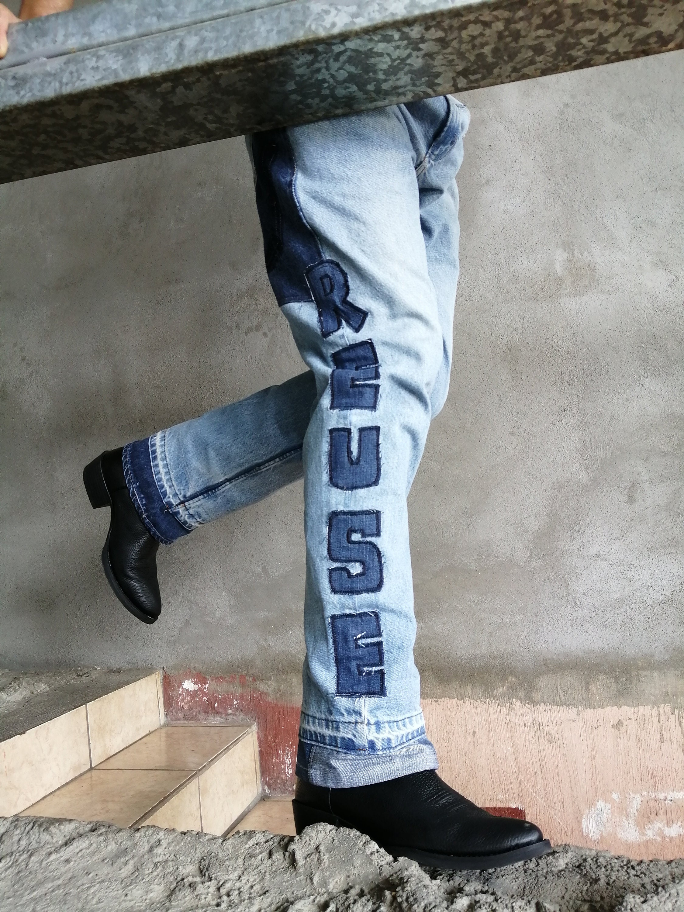 Upcycled Jeans Men Unique Patchwork Blue Pants, Handmade Denim Trousers ...