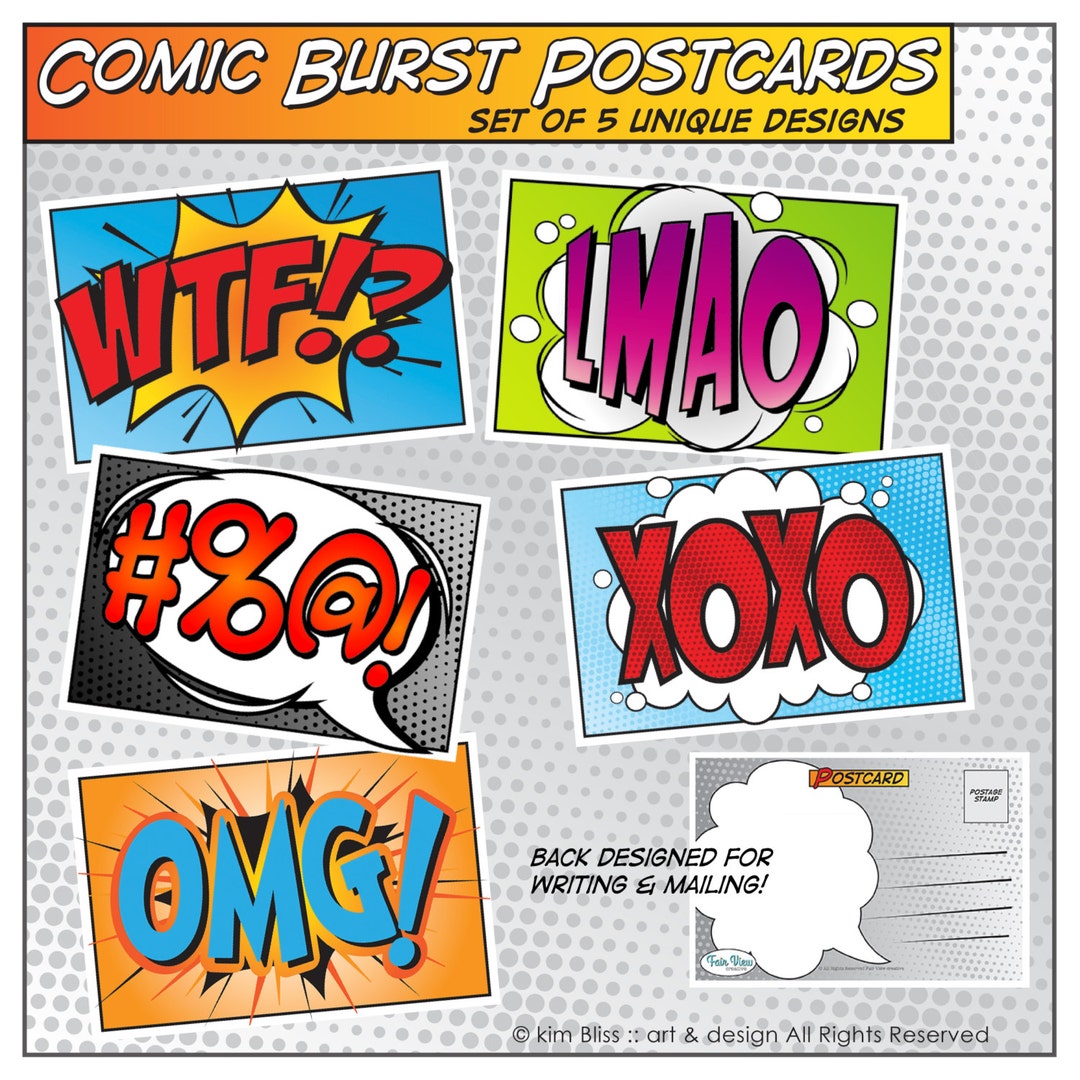 Post Card Set of 5 | Comic Bursts | Comic Book Art | Paper Goods ...