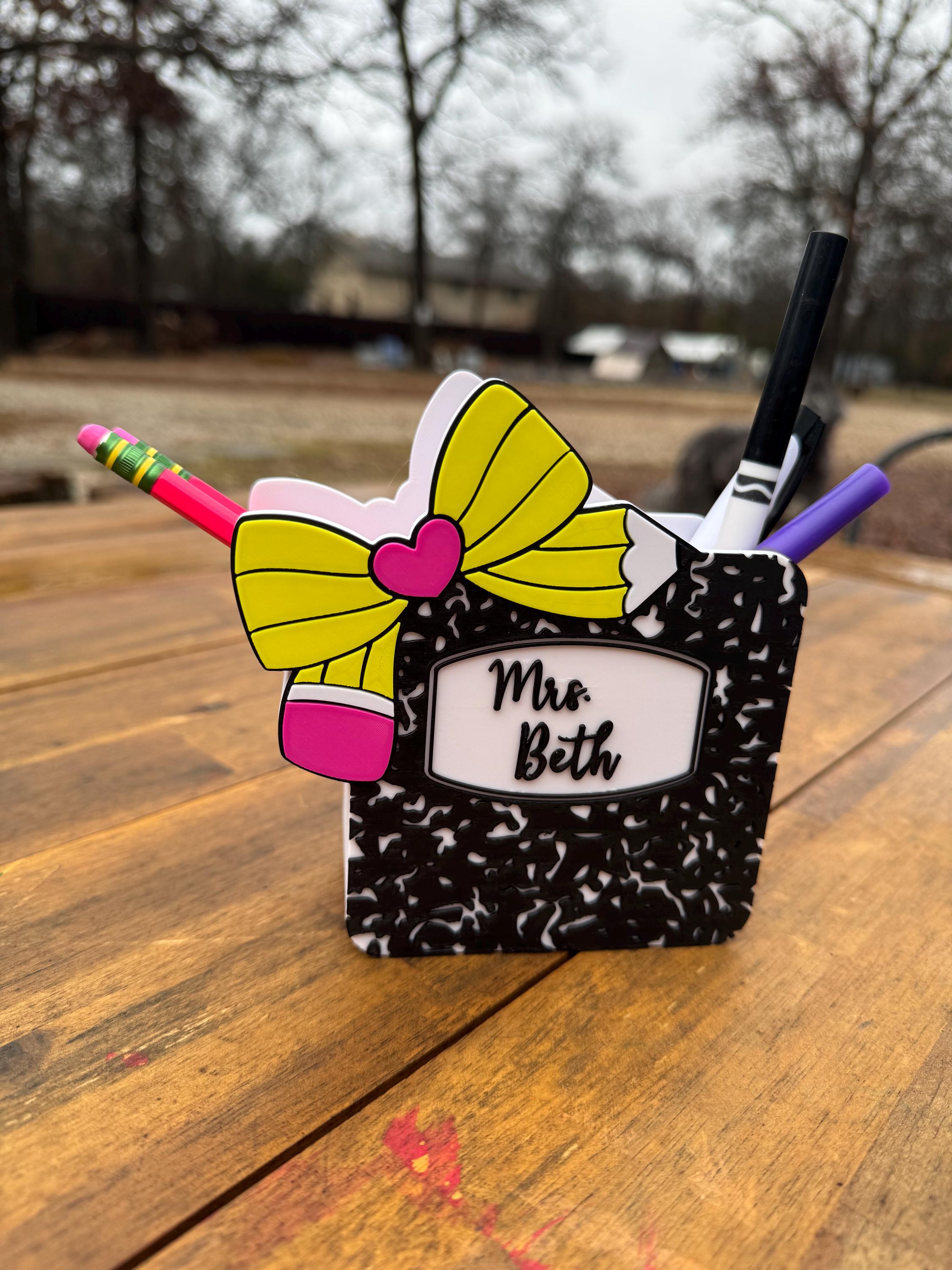 Composition Notebook Pencil Bow Teacher Gift | Pen Holder | Post-it ...