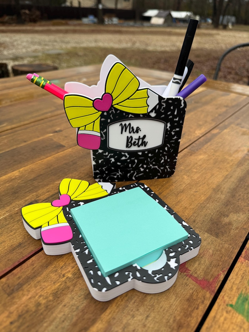 Composition Notebook Pencil Bow Teacher Gift | Pen Holder | Post-it ...