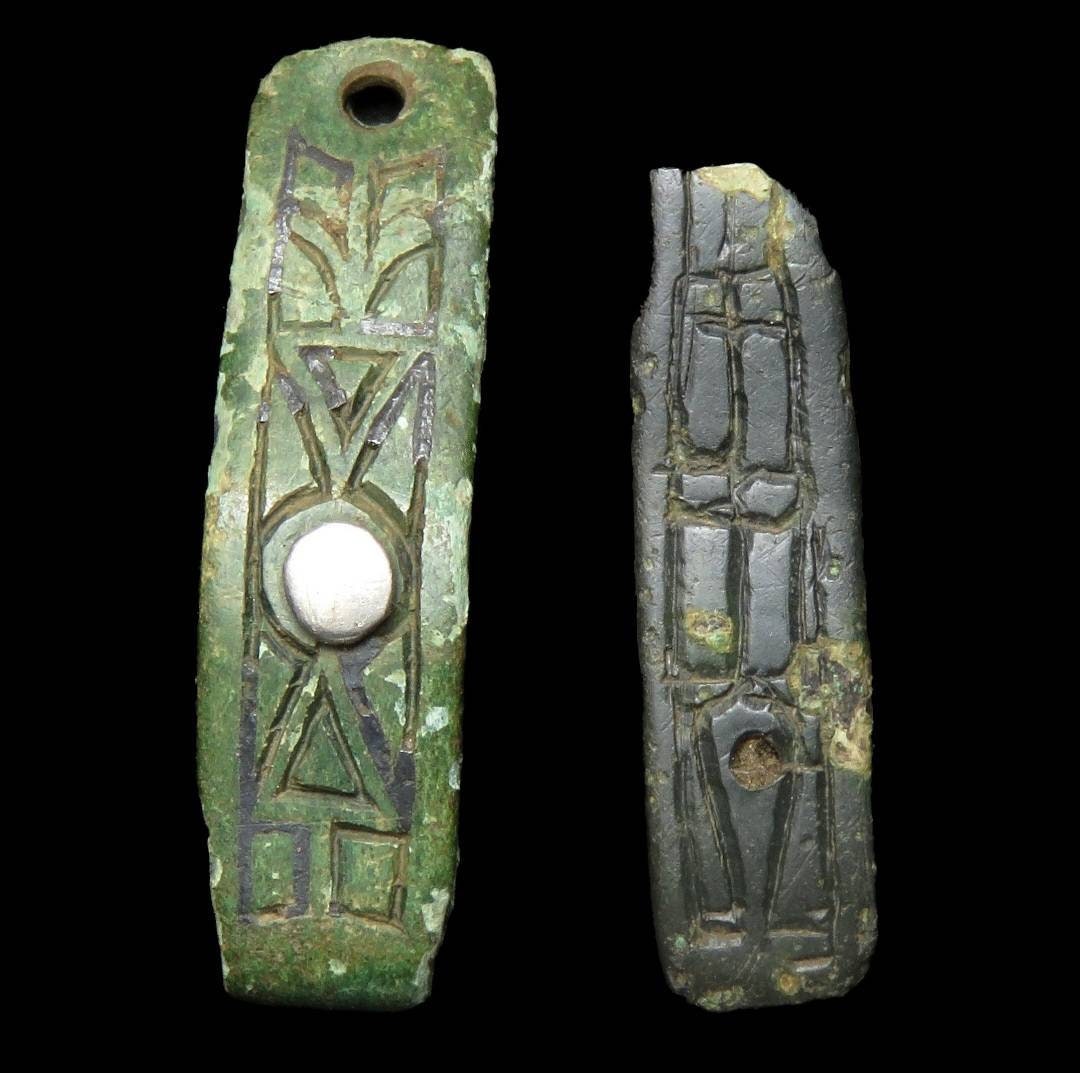 X2 Anglo-saxon Copper Alloy and Silver Geometric Strap End Circa 8th ...