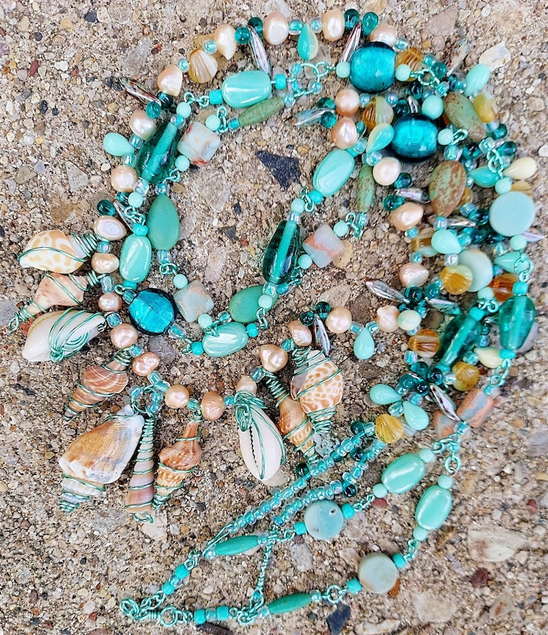 Beach Theme Necklace, Multi Strand Shell, Pearl, and Stone Statement ...