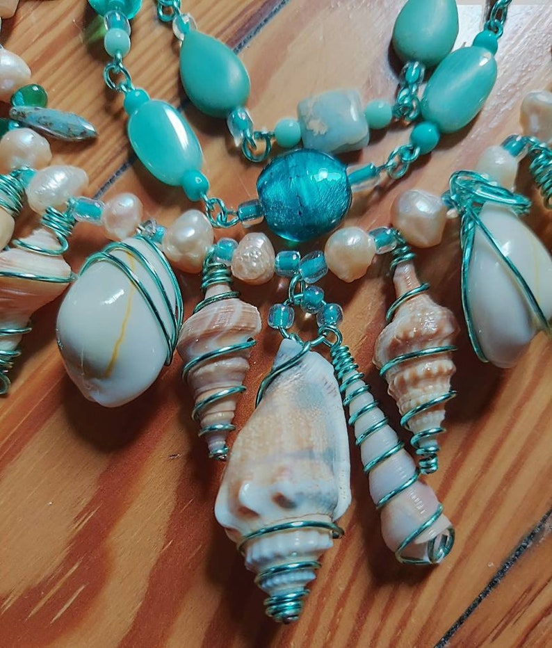 Beach Theme Necklace, Multi Strand Shell, Pearl, and Stone Statement ...