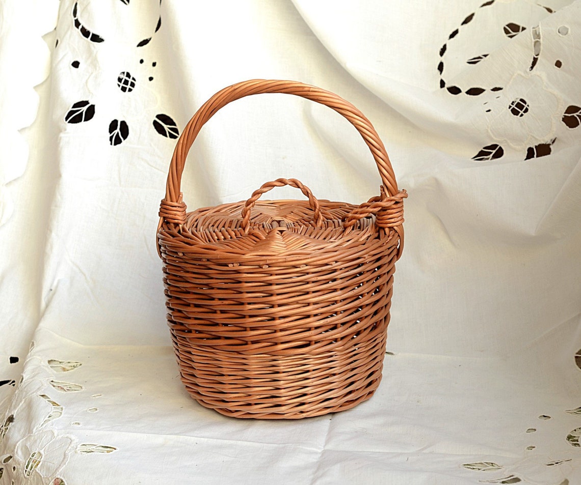 Short Wicker Basket With Lid Birkin Style Basket Short Round | Etsy