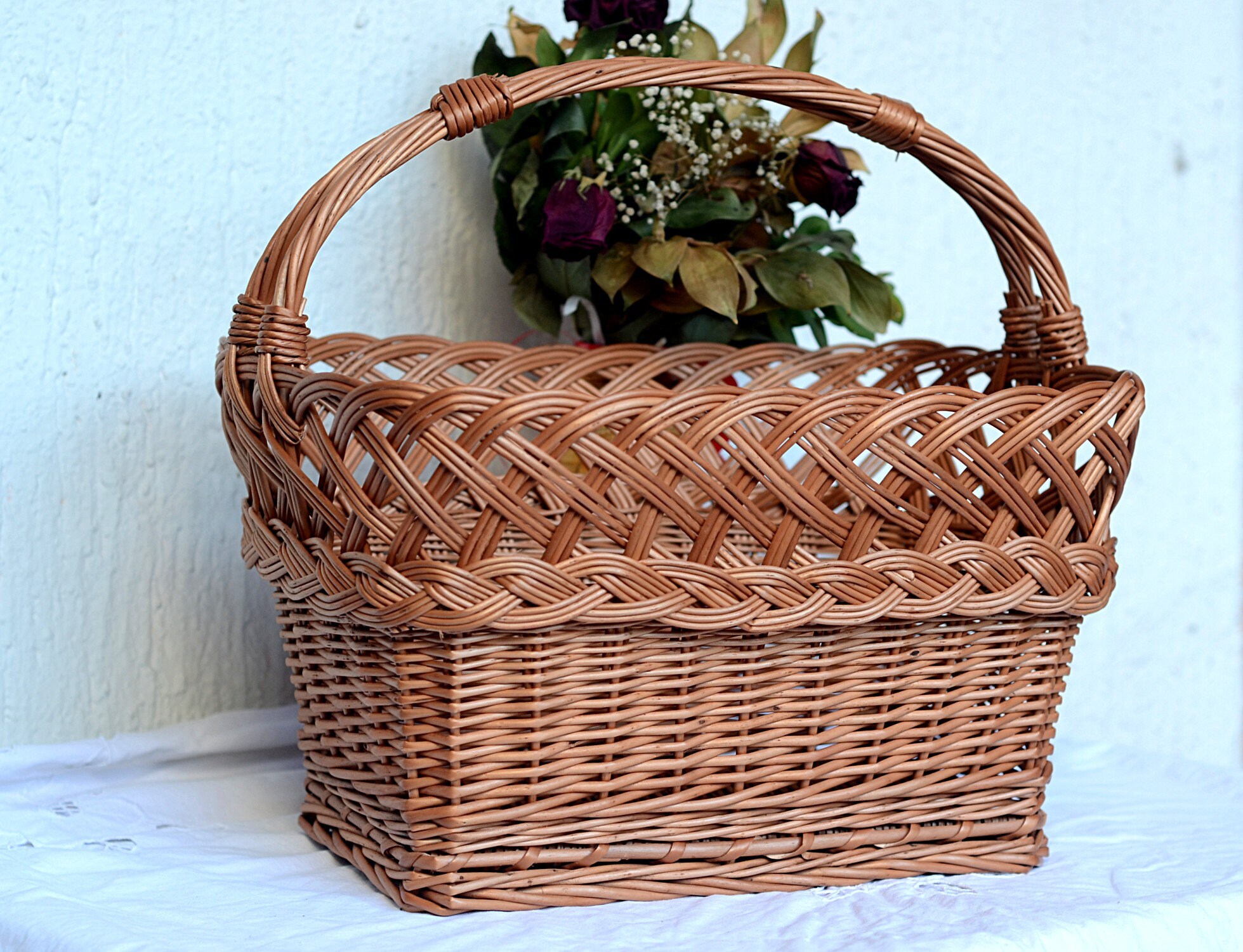 Rectangular Basket Double Handle Handwoven Wicker Basket | Etsy