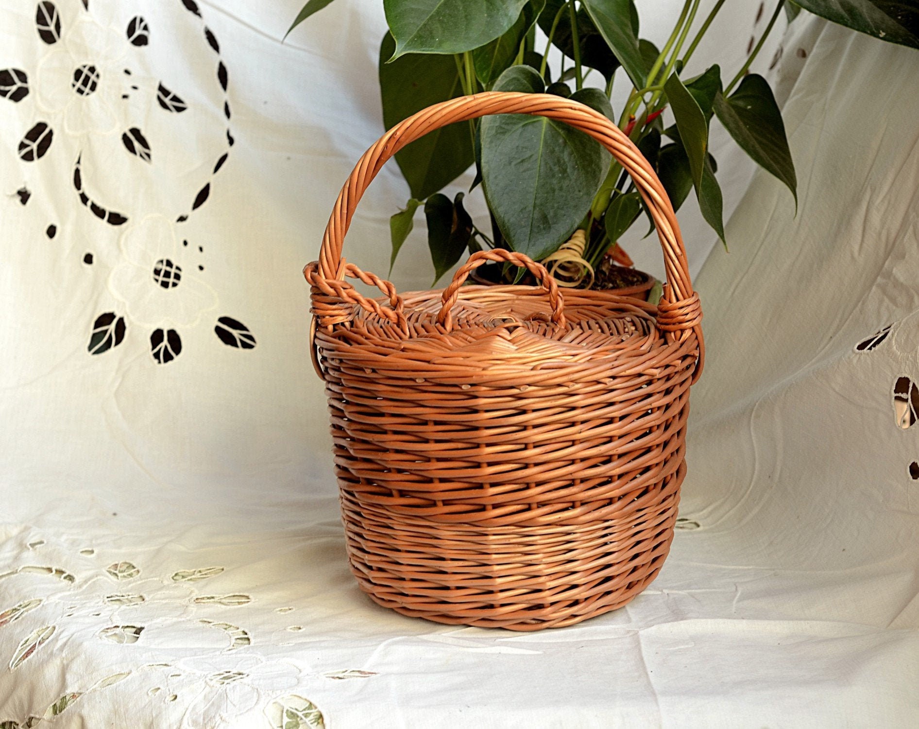 Short Wicker Basket With Lid Birkin Style Basket Short Round | Etsy