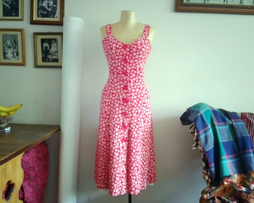 60s 70s Vintage Midi Dress, Button Front Summer Dress, Wide Straps Red ...