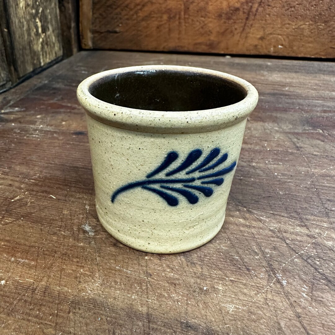 Vintage Blue Decorated Mini Crock Conner Prairie 1994 Leaf Glaze 1149 ...