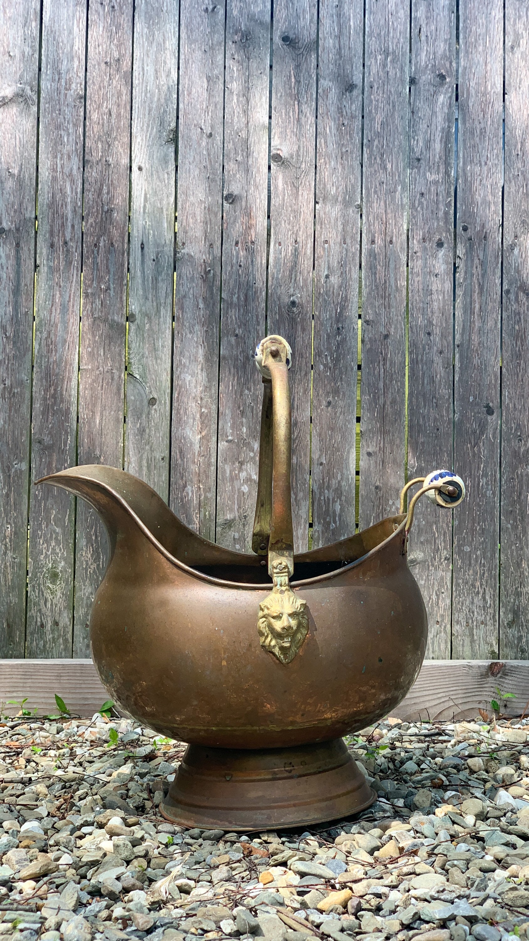 Early 20th Century Brass Lions Head Scuttle Bucket W/ Porcelain Delft ...