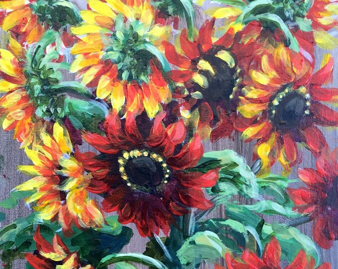 Red Sunflowers Original Acrylic Painting 9x12 Floral Decor - Etsy