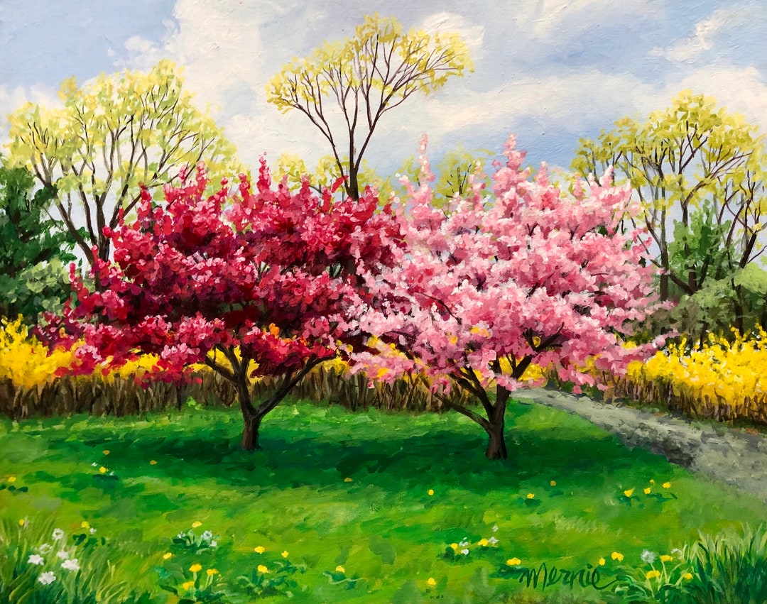 Happy Trees Original 16x20 Acrylic Painting, Springtime Pink Blooming ...
