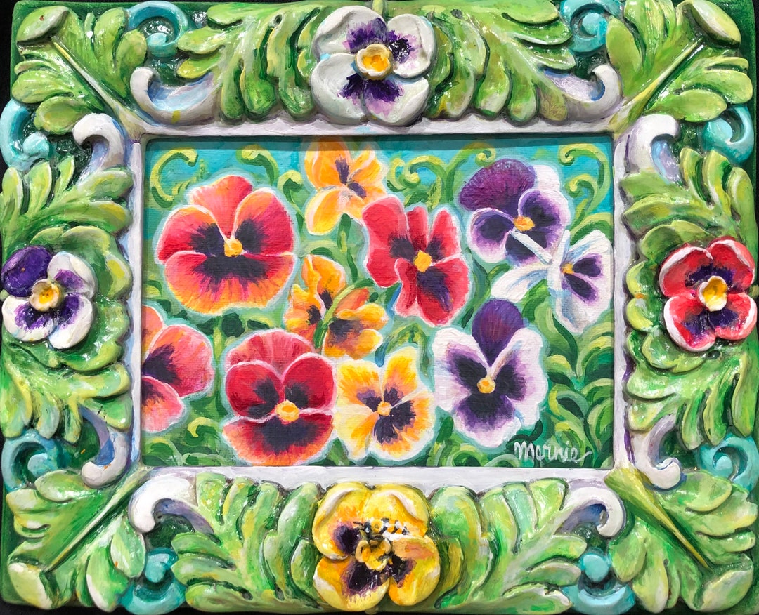 Pansies Original 9x11 Acrylic Painting, Ornate Upcycled Hand Painted ...