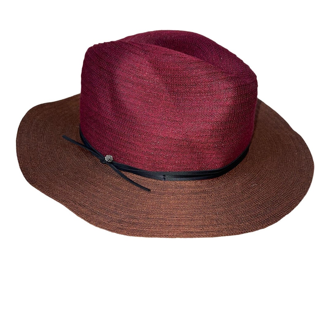 Giovannio Hat New Sun Fedora Straw Maroon & Brown Leather Band Beach - Etsy