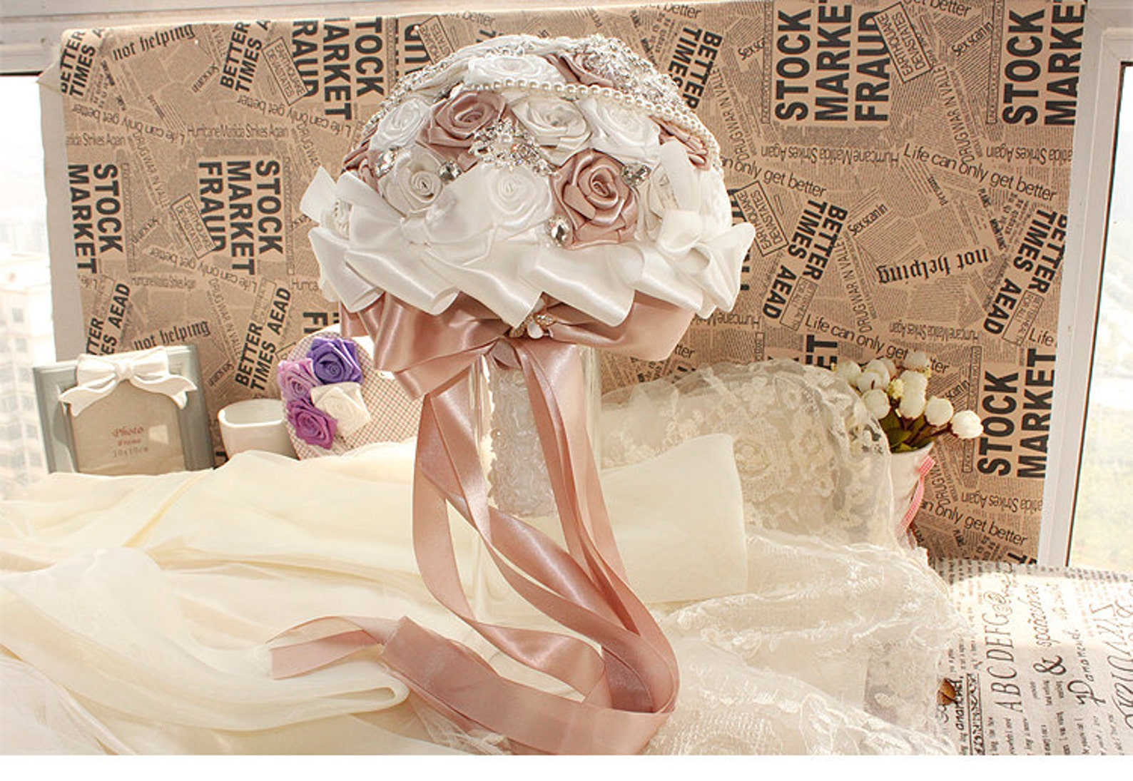 Champagne Roses Wedding Bouquet With Beads Rhinestones Crystal - Etsy