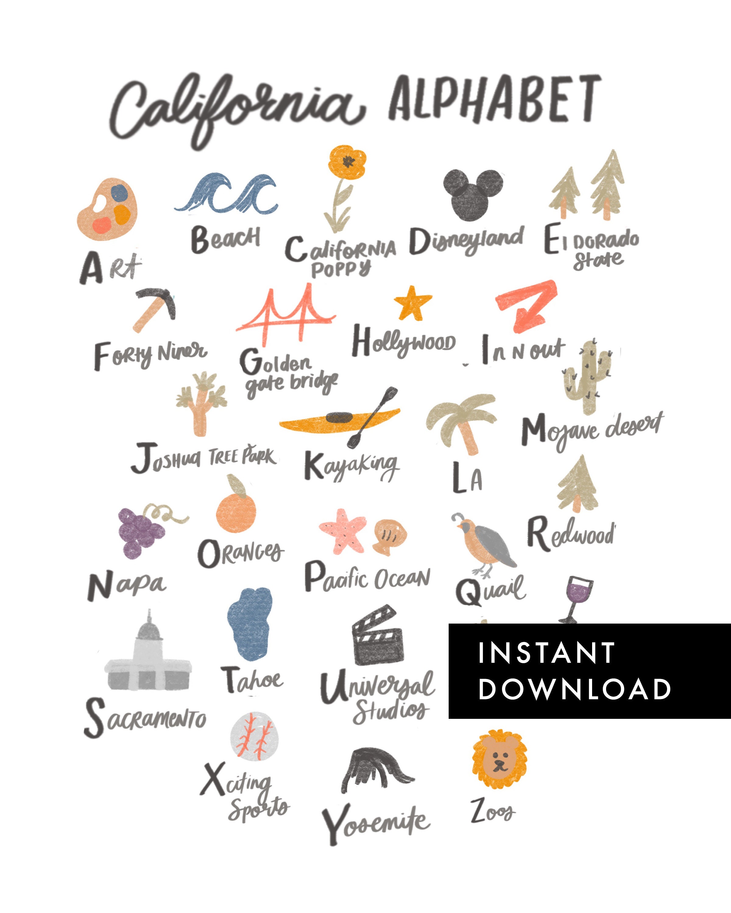 California Alphabet Art Print instant Download | Etsy