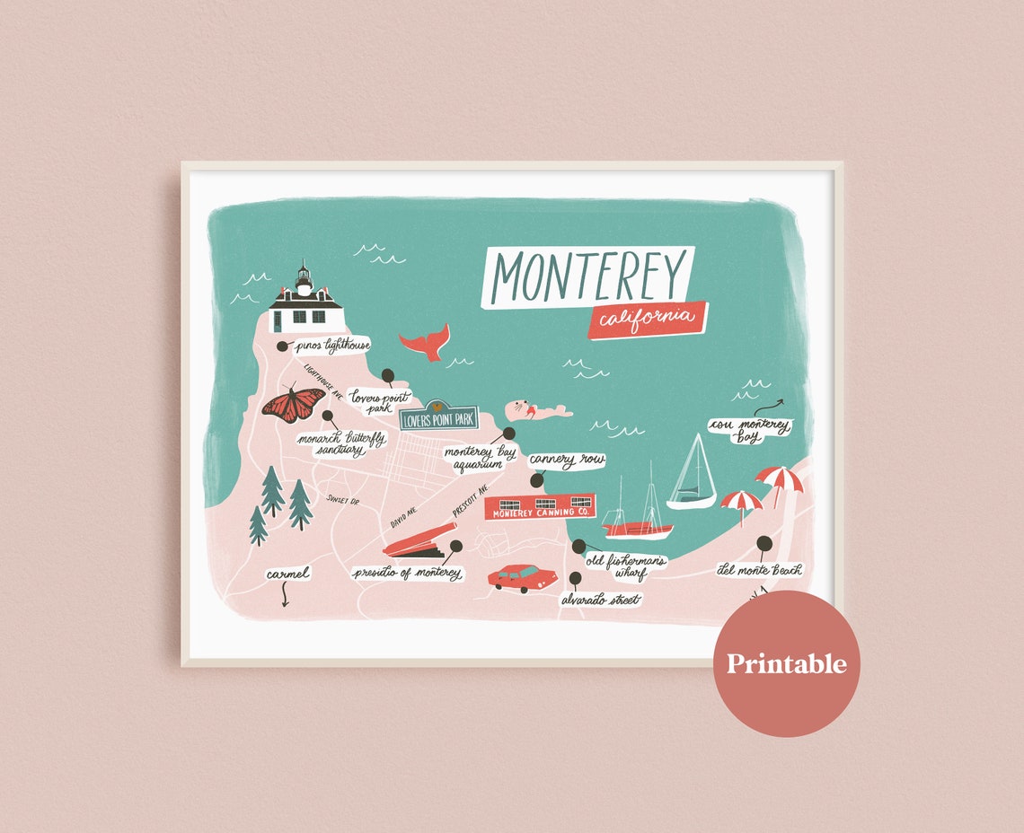 Monterey California Colorful, Cute Map Art Print- Instant Printable ...