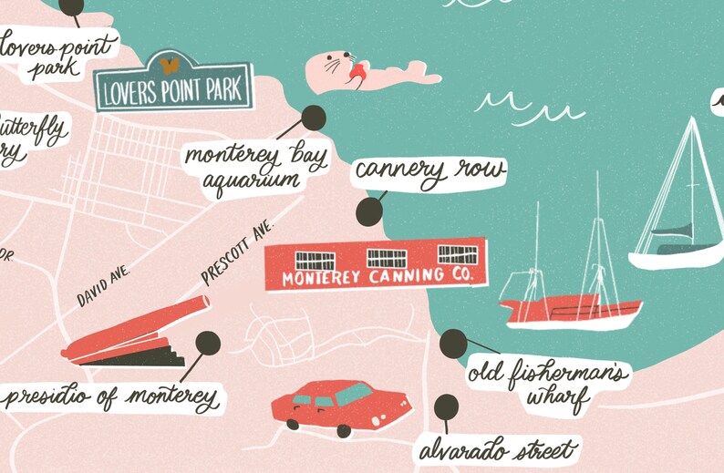 Monterey California Colorful Cute Map Art Print Instant | Etsy