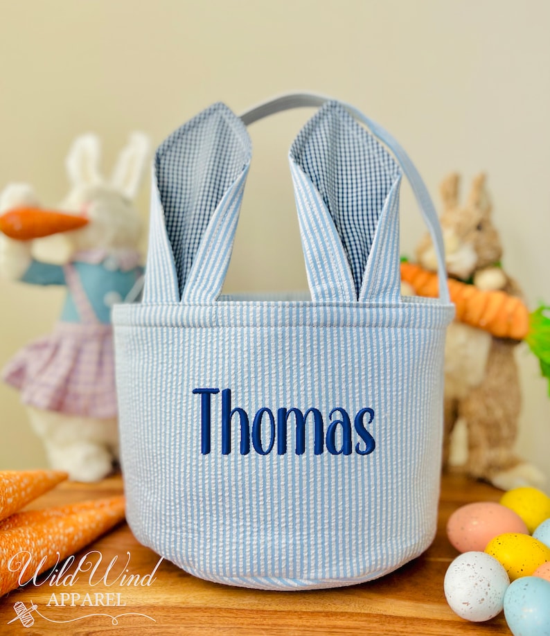 Personalized Seersucker Easter Basket, Embroidered Name, Floppy Ears ...