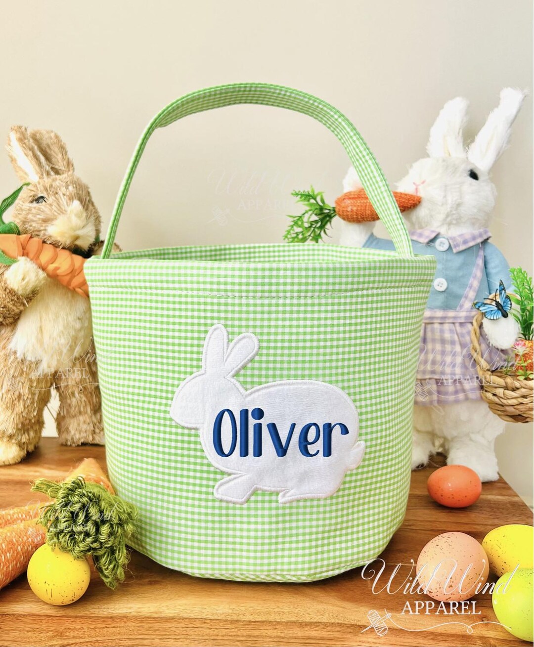 Personalized Gingham Easter Basket, Embroidered Bunny - Etsy