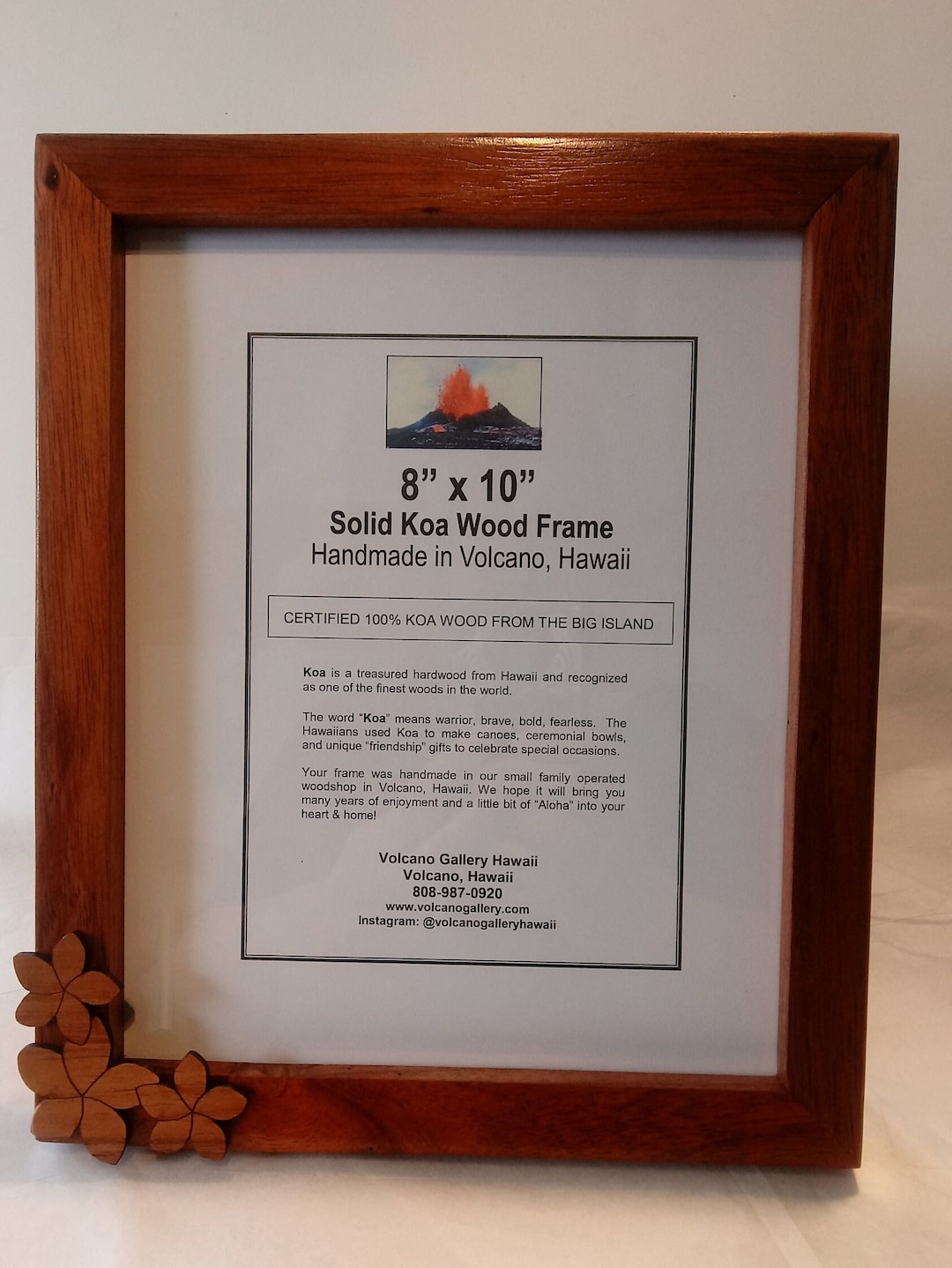 Hawaiian Frame With PLUMERIA Flower Accent 8x10 Solid Koa Wood Handmade ...