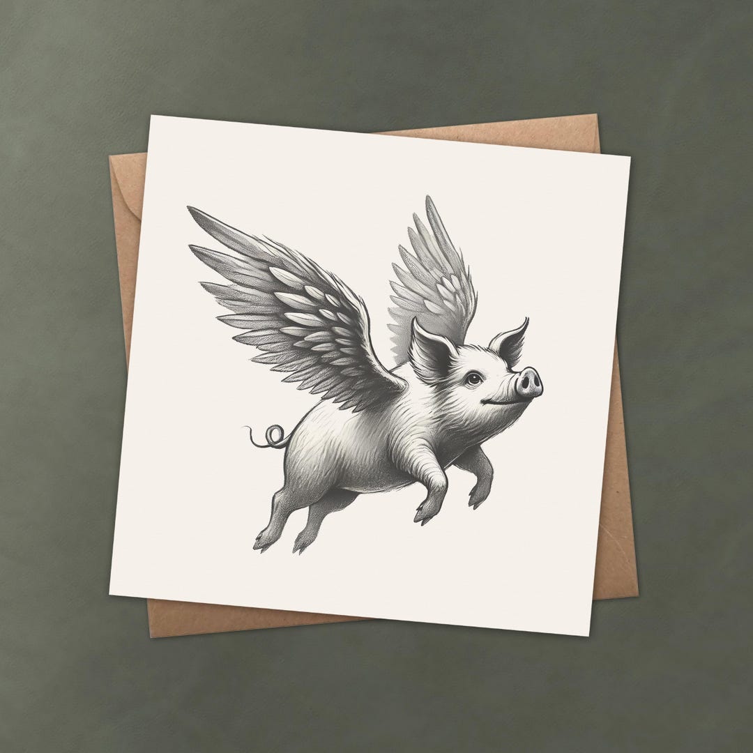 Flying Pig With Wings Greeting Card – Whimsical Surreal Illustration ...