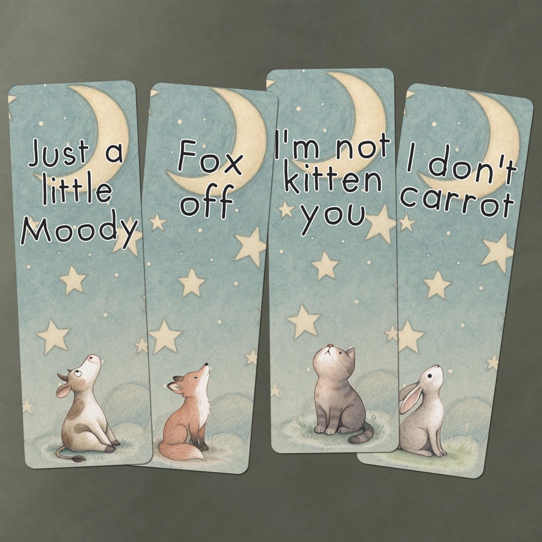 Cute Animal Pun Bookmarks – Funny Animal Bookmark Set – Moon & Stars ...