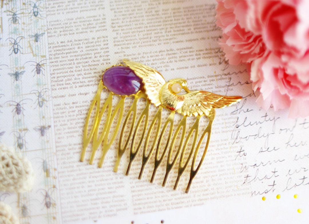 Comb Hair Swan Gold Art Deco Wedding Amethyst Rose Quartz Comb Stones ...