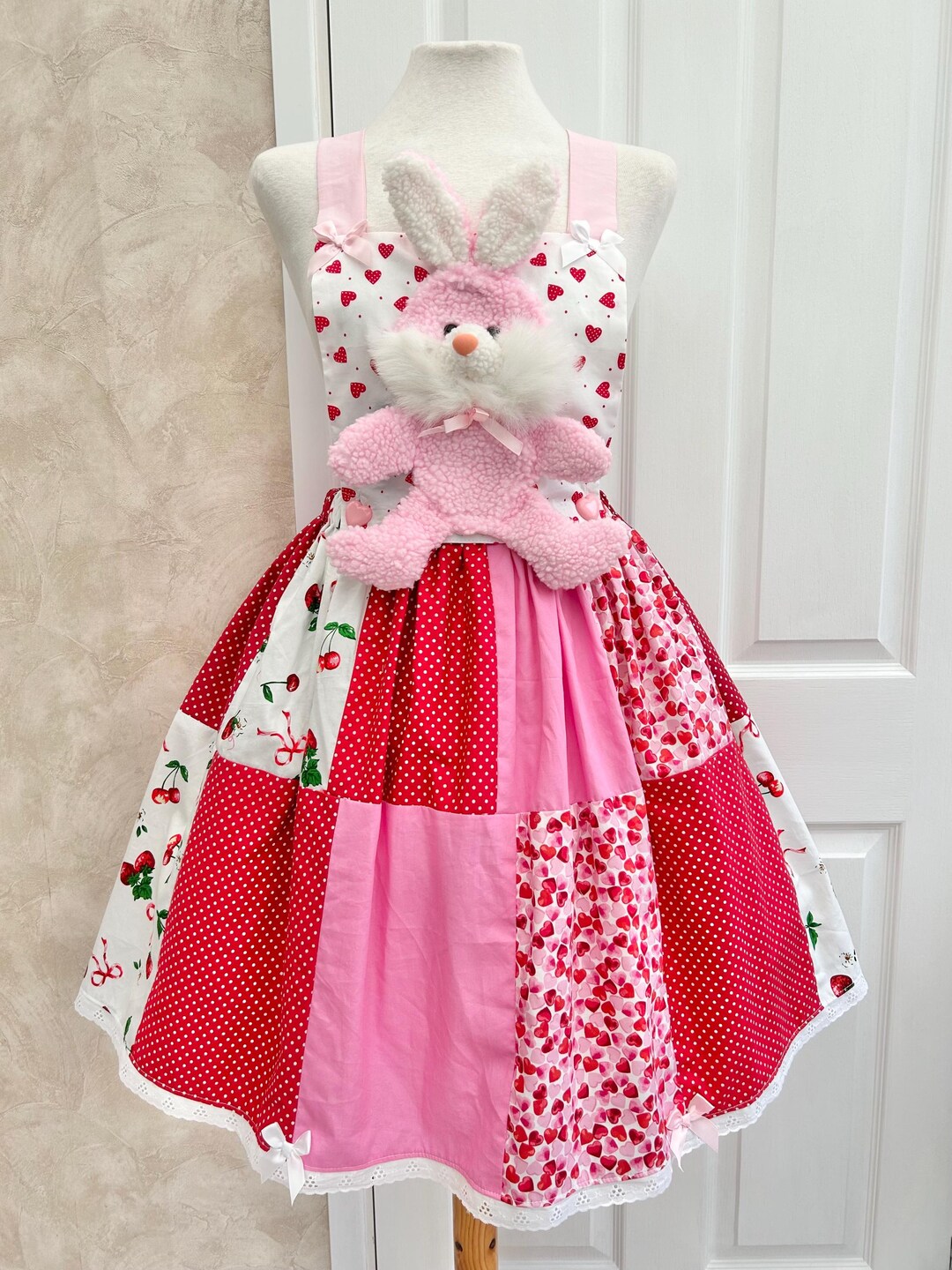 Kitsch Lovecore Patchwork Overalls Skirt With Bunny Plush Appliqué 30 ...