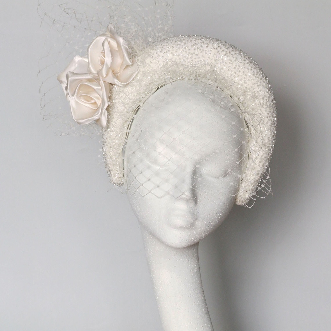 Birdcage Veil Ivory Fascinator Bridal Headband Beaded Halo | Etsy UK