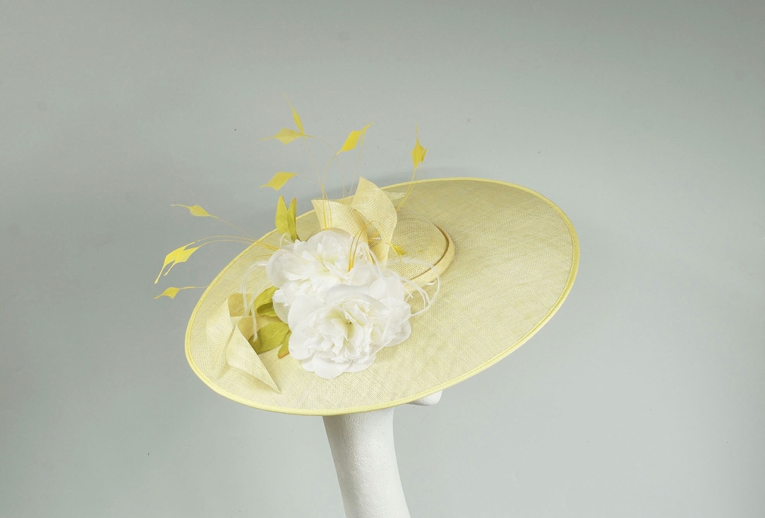Lemon Sinamay Derby Hat: Wide Brim, Silk Flowers - Etsy