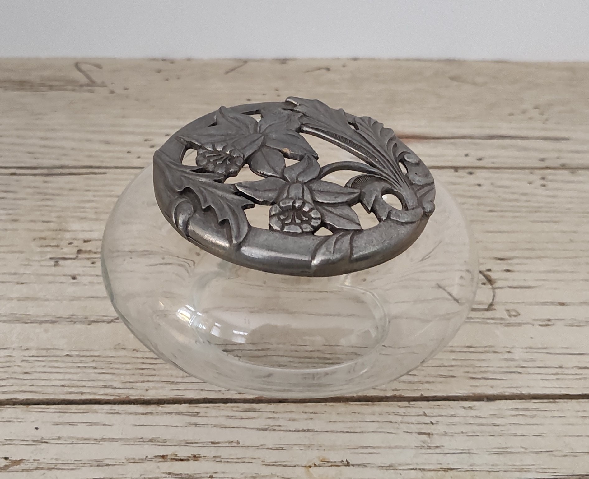 Vintage Potpourri Jar Signed Seagull Pewter Floral Lid With Glass Jar ...