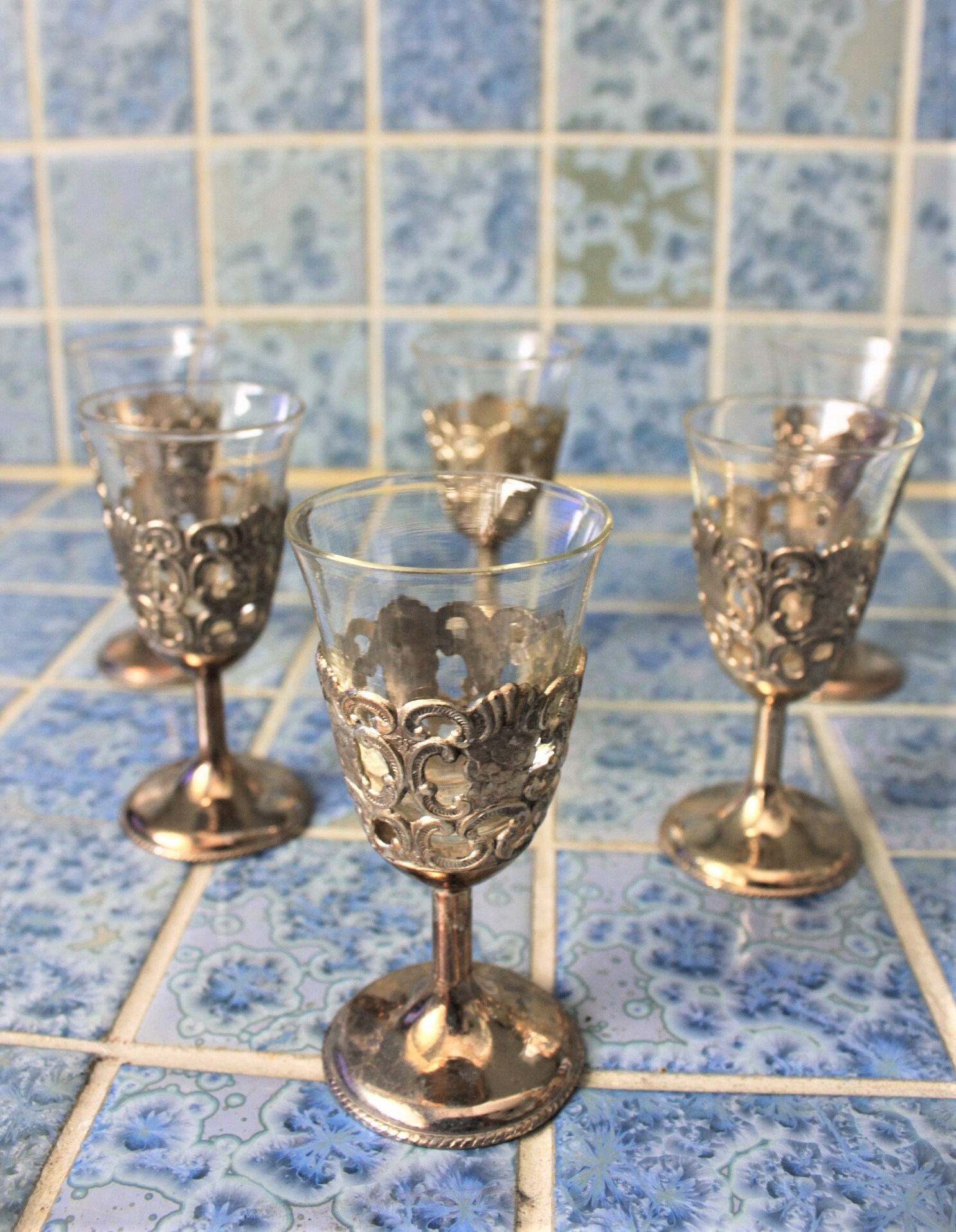 Vintage 6 Silver Plated Cordial Glasses
