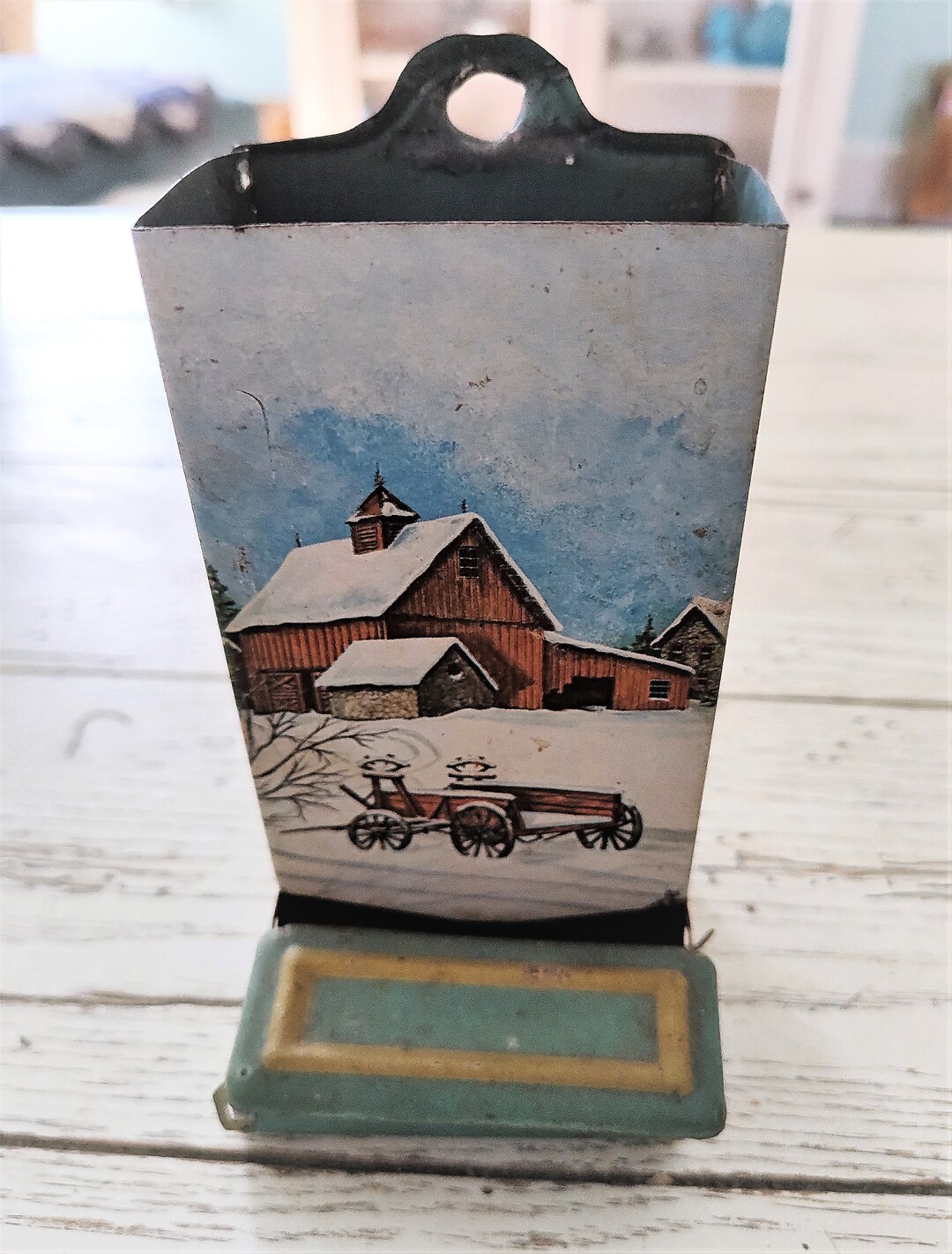 Vintage Wooden Matchstick Holder Winter Barn Wagon Snow Farm Jasco Hong ...