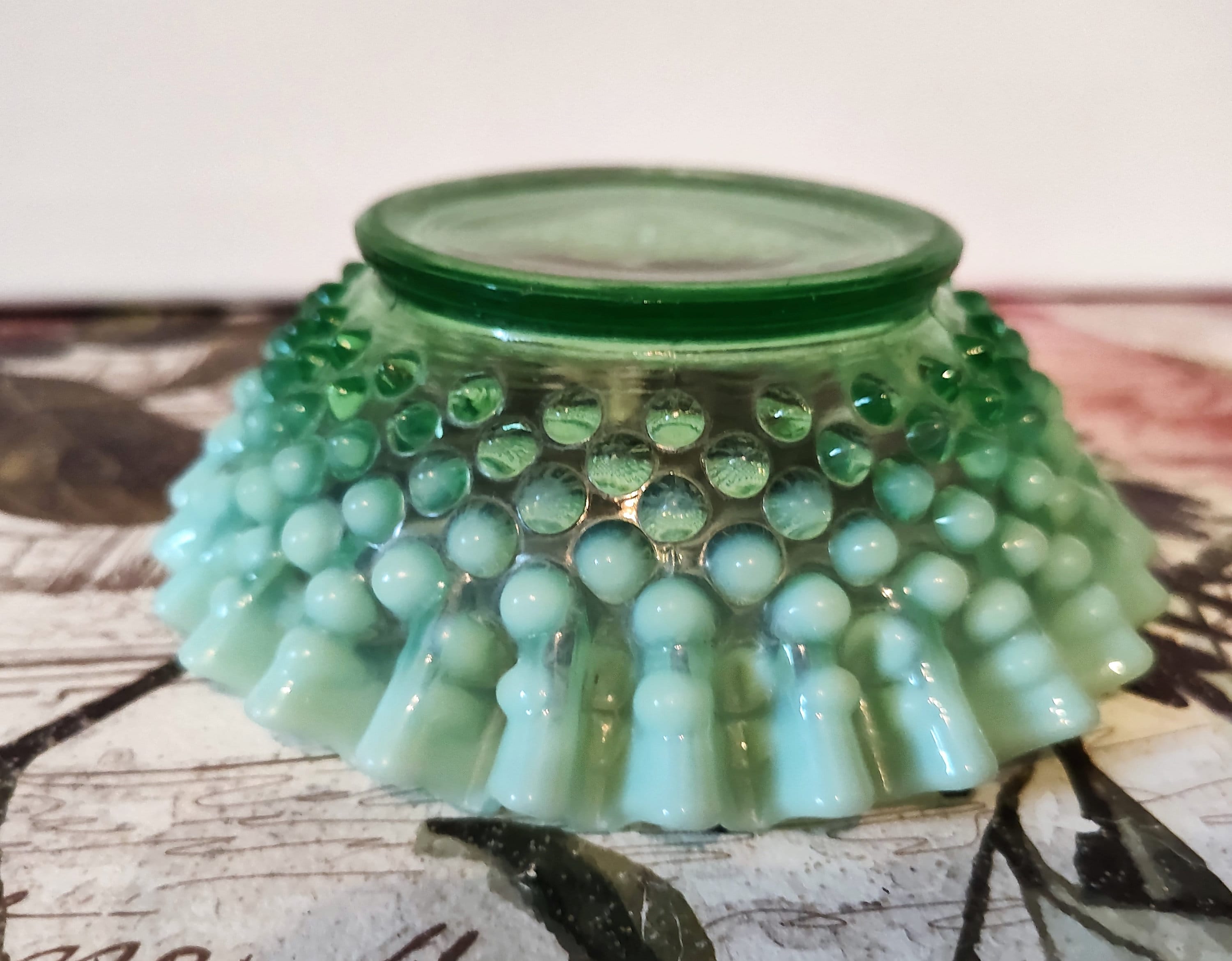 Vintage Green Opalescent Ruffled Uranium Glass Hobnail Fenton Berry ...