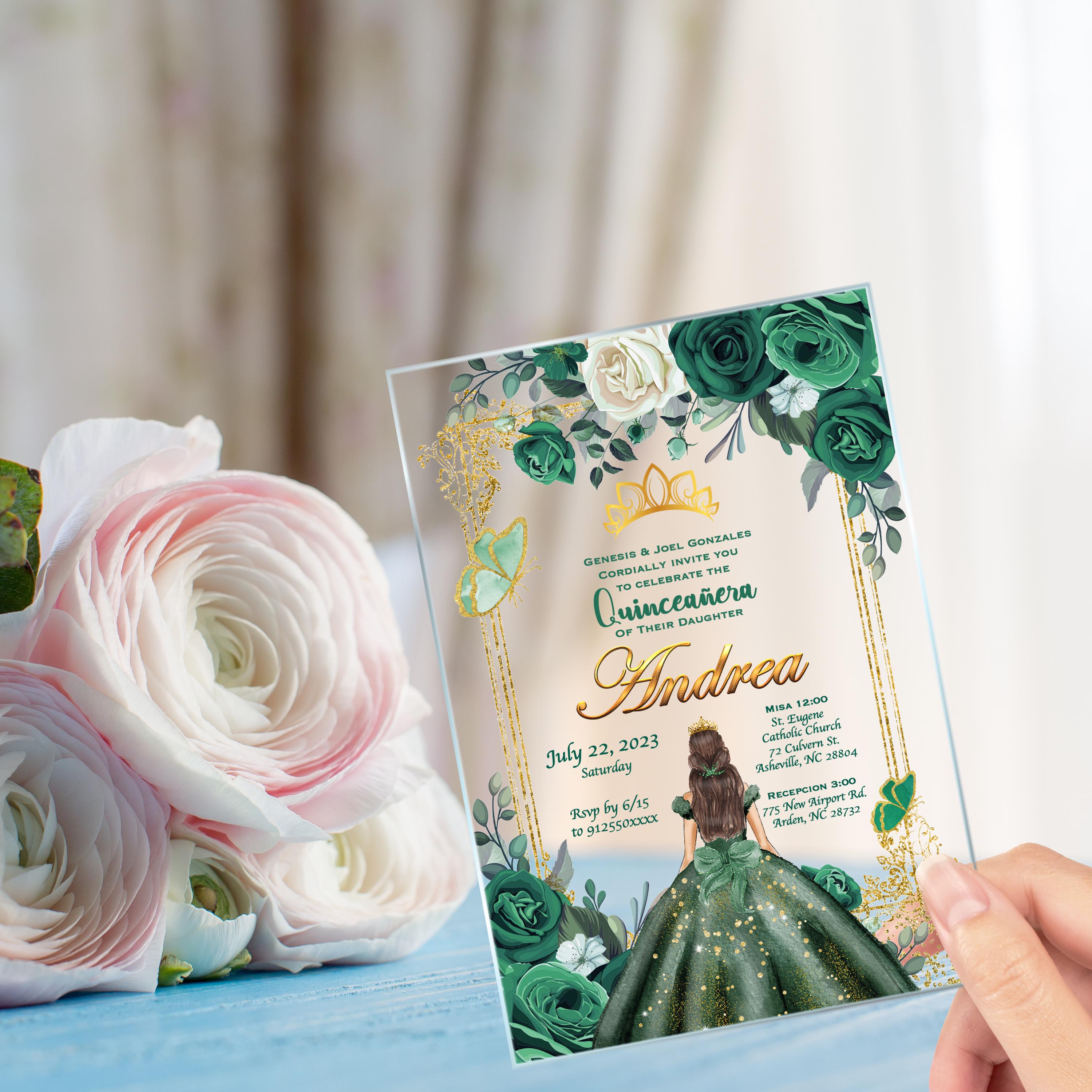 Emerald Green Dress Quinceañera Invitation, Sweet 15, Sweet 16, XV Años ...