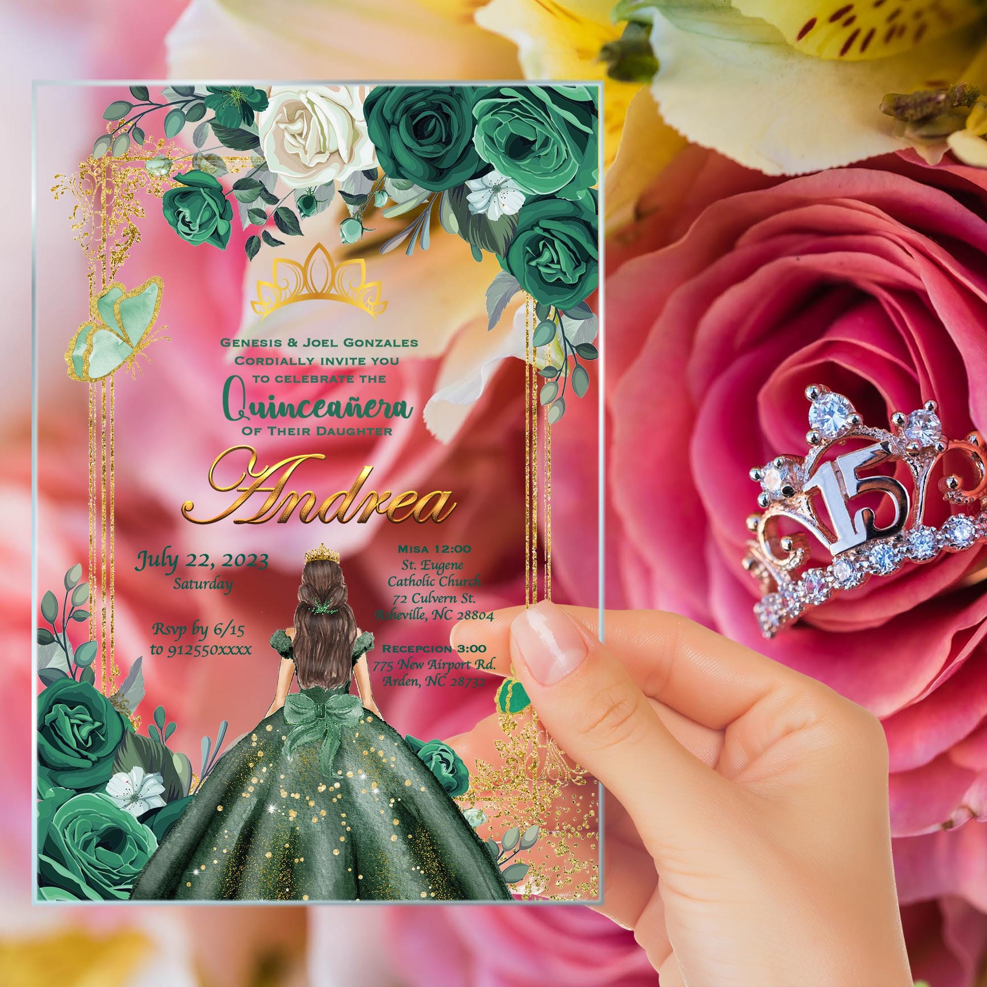 Emerald Green Dress Quinceañera Invitation, Sweet 15, Sweet 16, XV Años ...